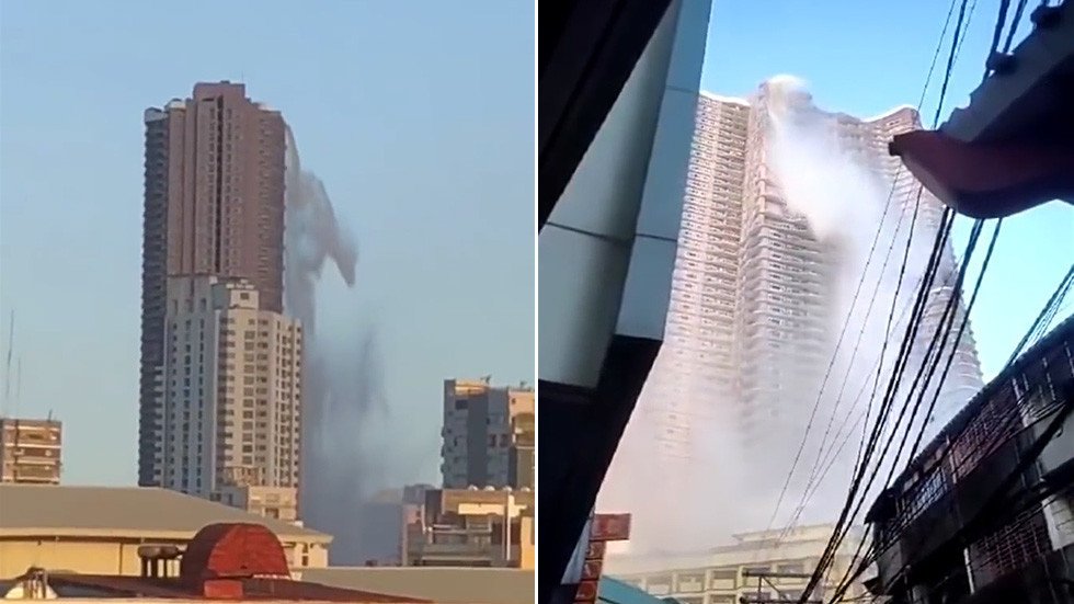 Water cascades down massive skyscraper after Philippines earthquake ...