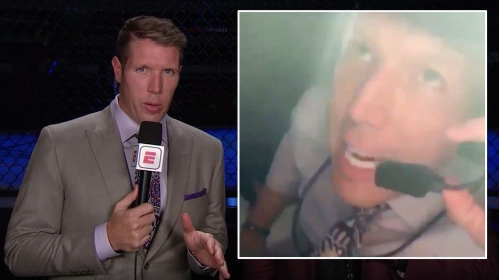 UFC commentator hides under a table as fans shower cage with bottles ...
