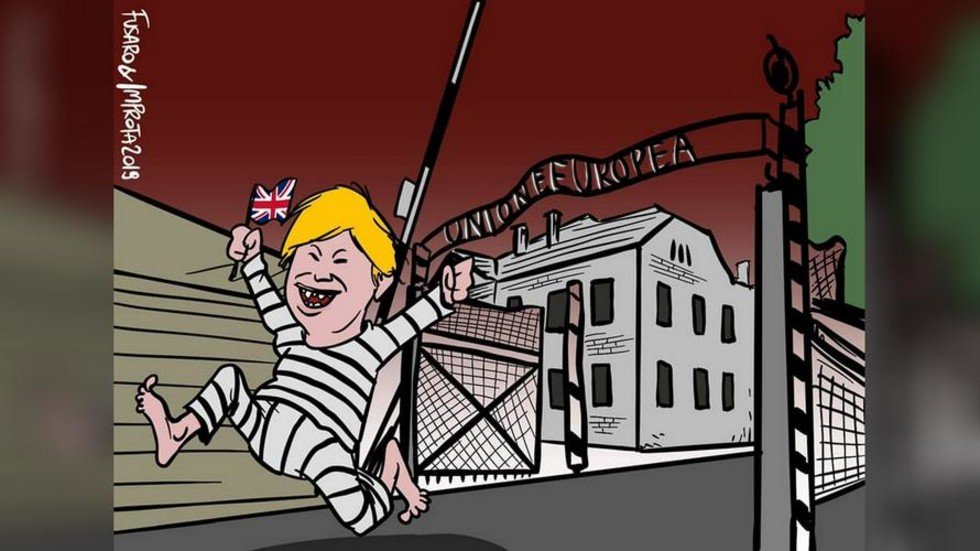 Artist's compromise over cartoon of Brexit BoJo running from EU death ...