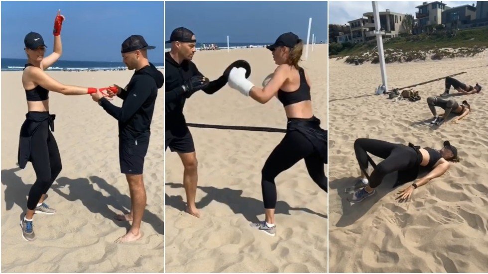 'Hello outdoor workout!' Maria Sharapova boxes on the beach as retired ...