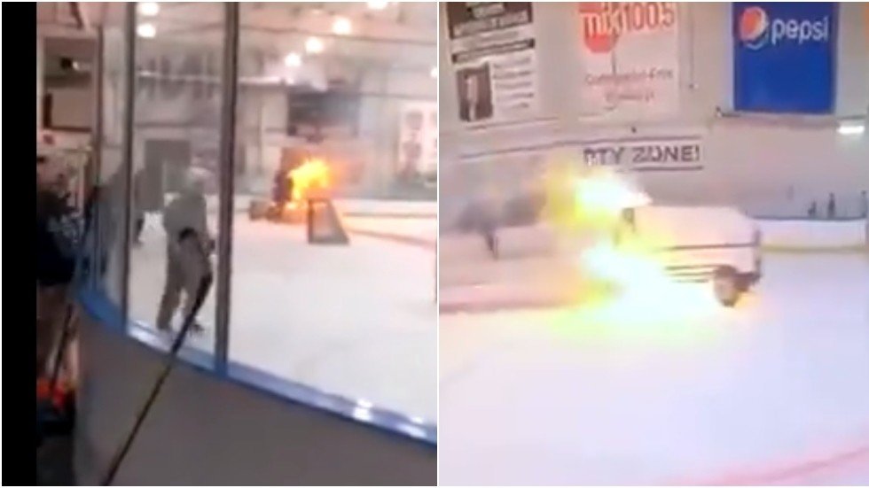 WATCH: Zamboni driver somehow steers vehicle out of ice rink after it ...