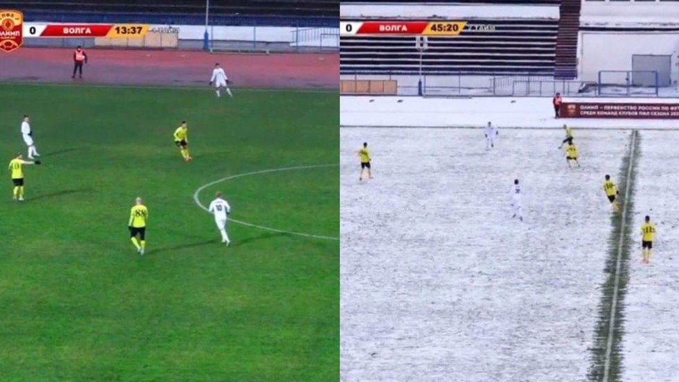 Playing in the snow: Sudden storm FREEZES football pitch within minutes ...