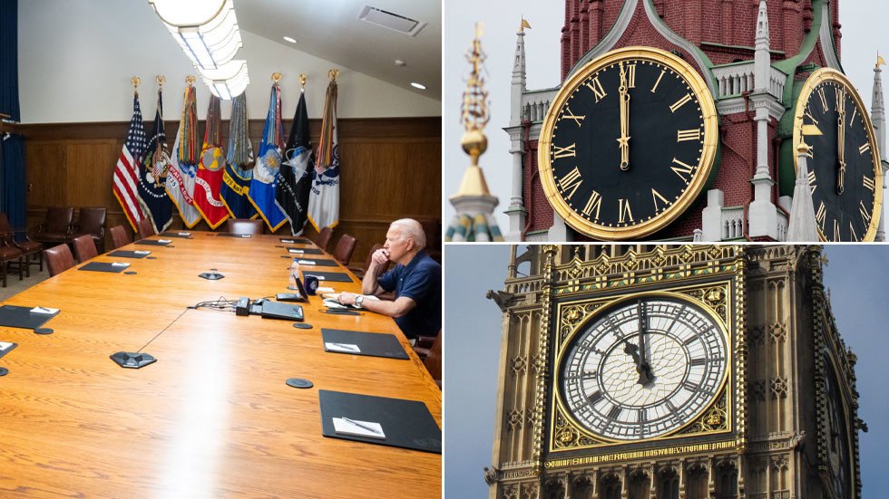 Biden’s meeting room clocks show incorrect time difference between ...