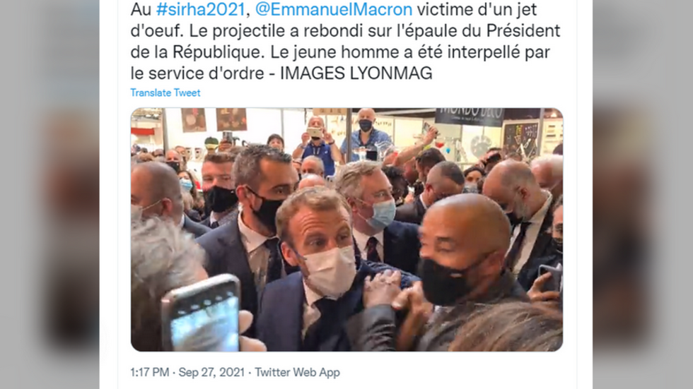 French President Macron hit by egg-shaped projectile at catering & food ...
